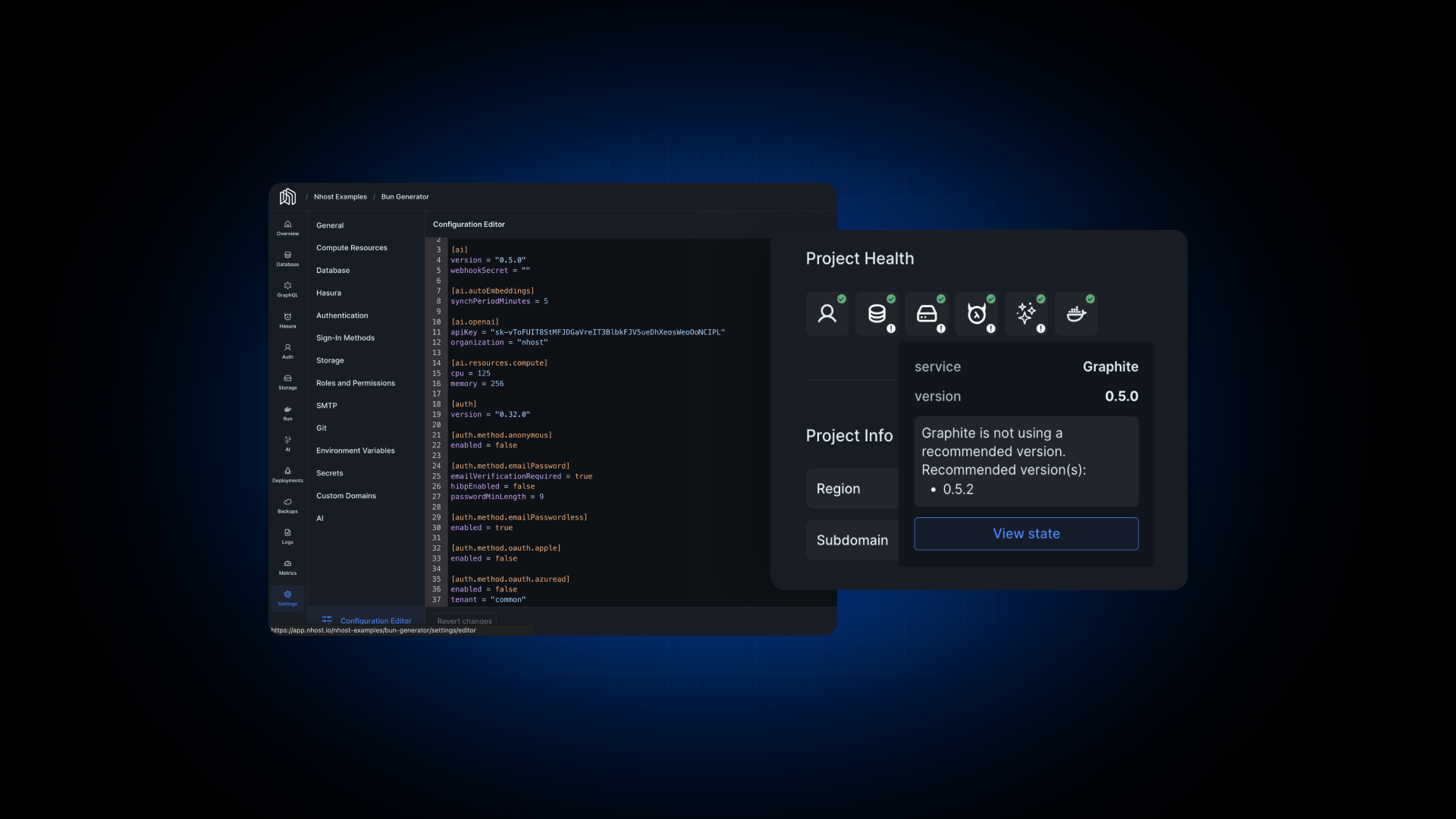 Configuration Editor & Project Health | Nhost